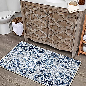 YoKii Blue Geometric Distressed Throw Rug Texture 2x3 Faux Wool Modern Abstract Small Fuzzy Area Rug Kitchen Bathroom Mat Rubber Backed Contemporary Quatrefoil Low Pile Indoor Doormat (2x3, Blue)