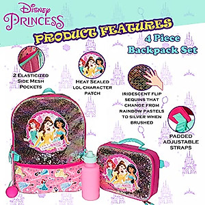 Disney Princess 4 Piece Backpack Set, Flip Sequin 16" School Bag for Girls with Front Zip Pocket, Pink