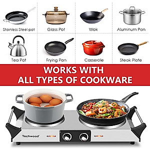 Hot Plate, Techwood Double Burner for Cooking, 1800W Countertop Electric Stoves with Adjustable Temperature & Stay Cool Handles, Dual Cooktop for RV/Home/Camp, Upgraded Version Stainless Steel, Silver
