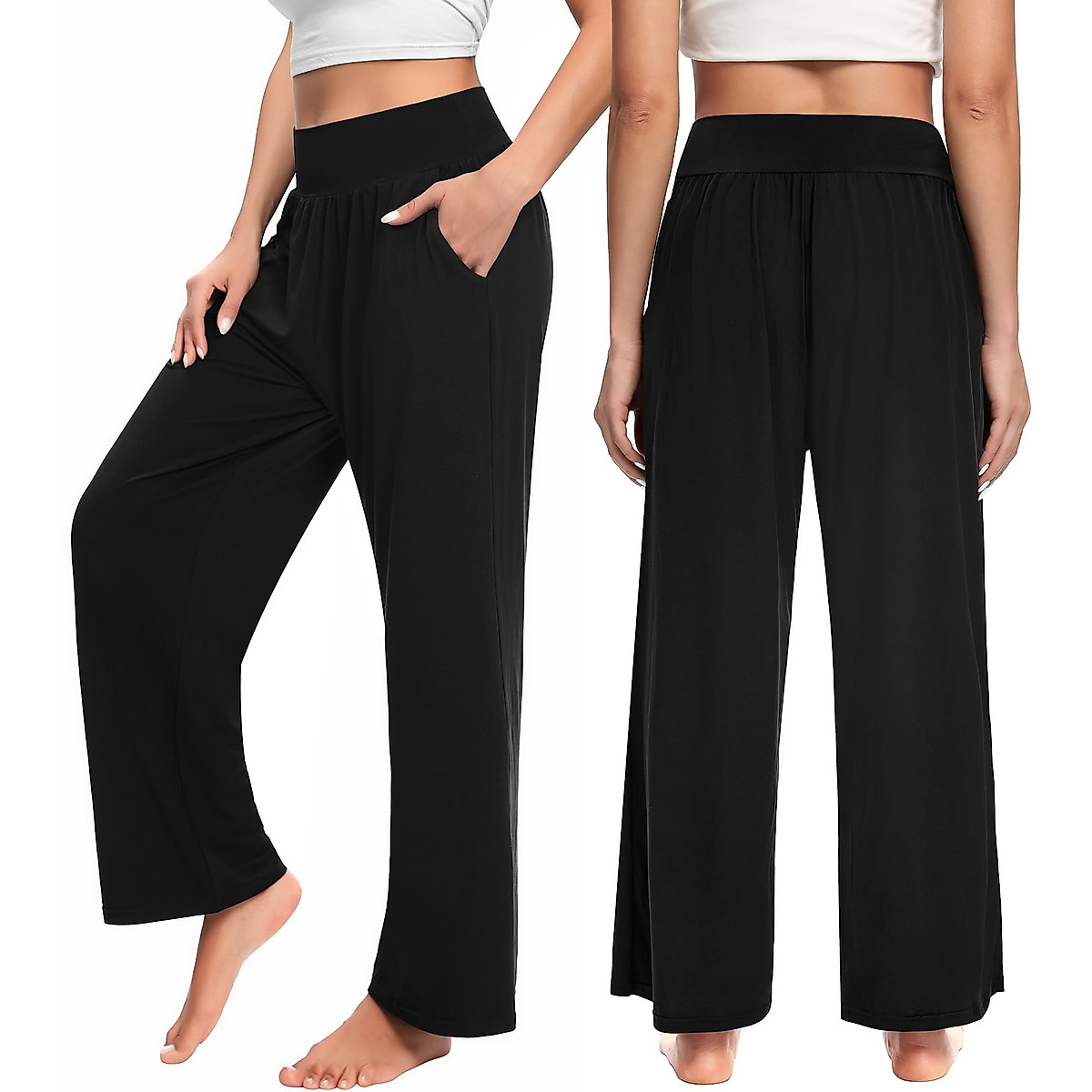 OLIKEME Womens Yoga Pants with Pockets High Waisted Casual Loose Wide Leg Lounge Quick Dry Sweatpants Plus Size (Black-XXL)