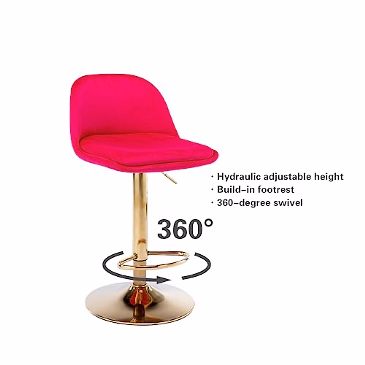 QQU Modern Bar Stools 360°Swivel Velvet Adjustable Counter Bar Stool with Arm, Back and Footrest Modern Upholstered, Barstools for Kitchen Island, Cafe, Pub, Bar Counter (Rose Red)