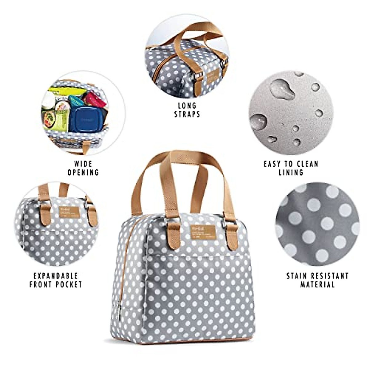 Fit & Fresh Minneola Lunch Bag with Six Containers, Cooler Bag, Women Tote Bag, Insulated Lunch Box, Thermal Lunch Bag, Soft Liner Lunch Bag for women, picnic, school, beach, office, work (Dot)