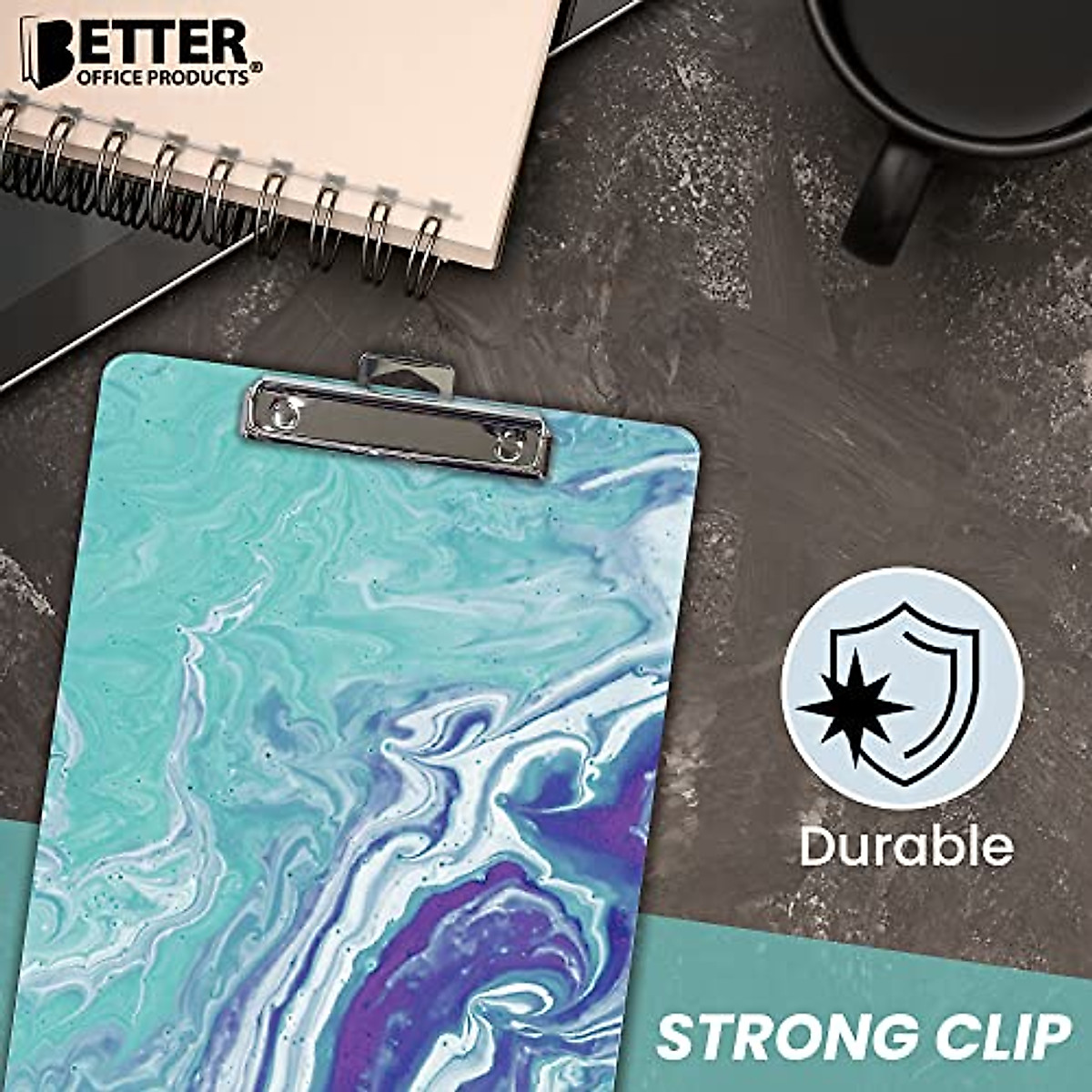 Fashion Clipboard, Abstract Art Design, Standard A4 Letter Size, 12.5" x 9", Wooden Clipboard, Low Profile Clip with Retractable Hanging Tab, Decorative Clipboard, by Better Office Products (Aqua)