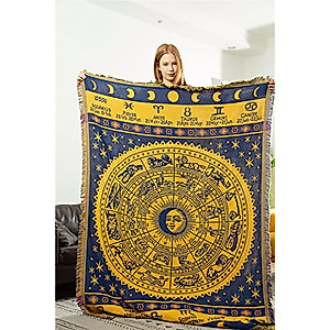 MayNest Boho Woven Throw Blanket Reversible Cotton Bohemian Tapestry Hippie Room Decor Witchy Astrology Zodiac Celestial Constellation Carpet Bed Chair Couch Sofa Cover Double Sided (Yellow, 51x71)