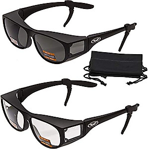Global Vision 2 Pairs Clear and Smoke - Escort Fit Over Sunglasses ANZI Z87.1+ Safety Compliant