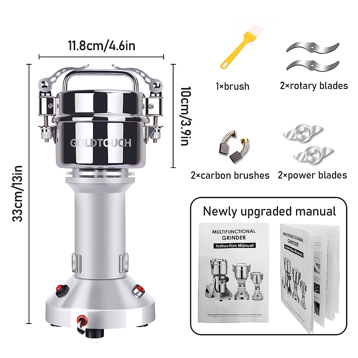 Goldtouch 150g Grain Mill Grinder 1500W Electric Stainless Steel Grain Grinder High-Speed Pulverizer Powder Machine for Dry Wheat, Oats, Corn, Pepper and Coffee Beans (150g Stand Type)