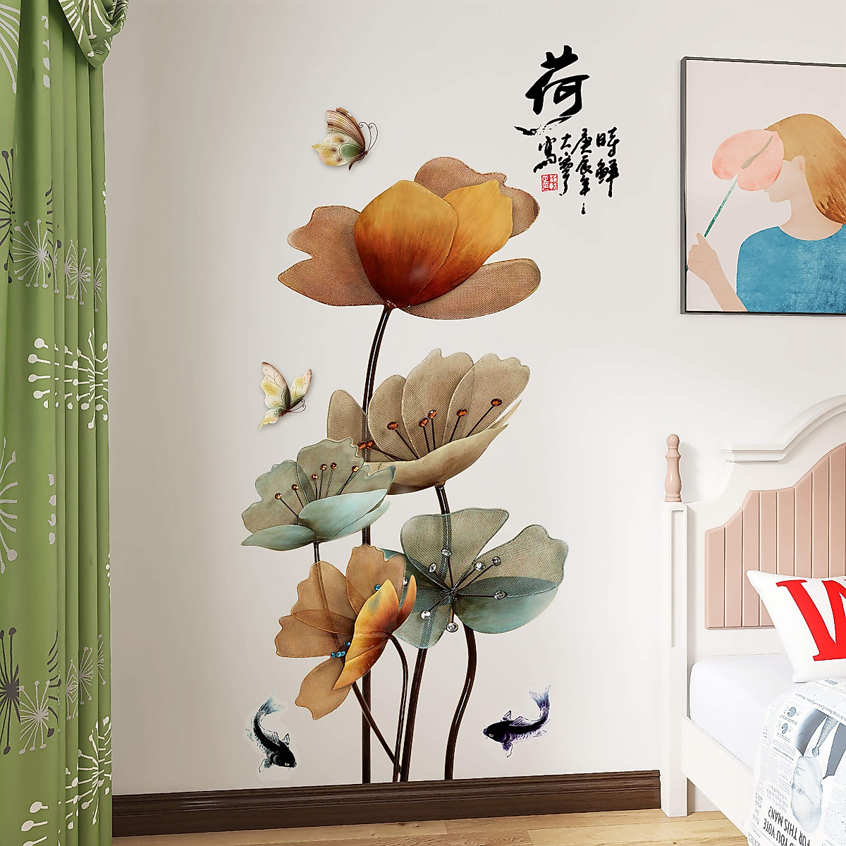 DERUN TRADING Lotus Flowers Floral Peel and Stick Wall Stickers Decals Murals Art Decor for Living Room Nursery Room Bedroom Office Bathroom Vinyl Removable Wall Decoration Romantic Beautiful Lovely