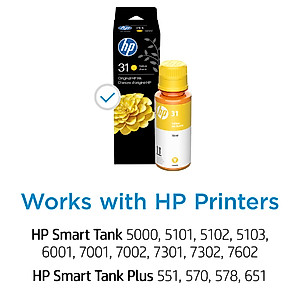 HP 31 | Ink Bottle | Yellow |Up to 8,000 pages per bottle|Works with HP Smart Tank Plus 651 and HP Smart Tank Plus 551 | 1VU28AN