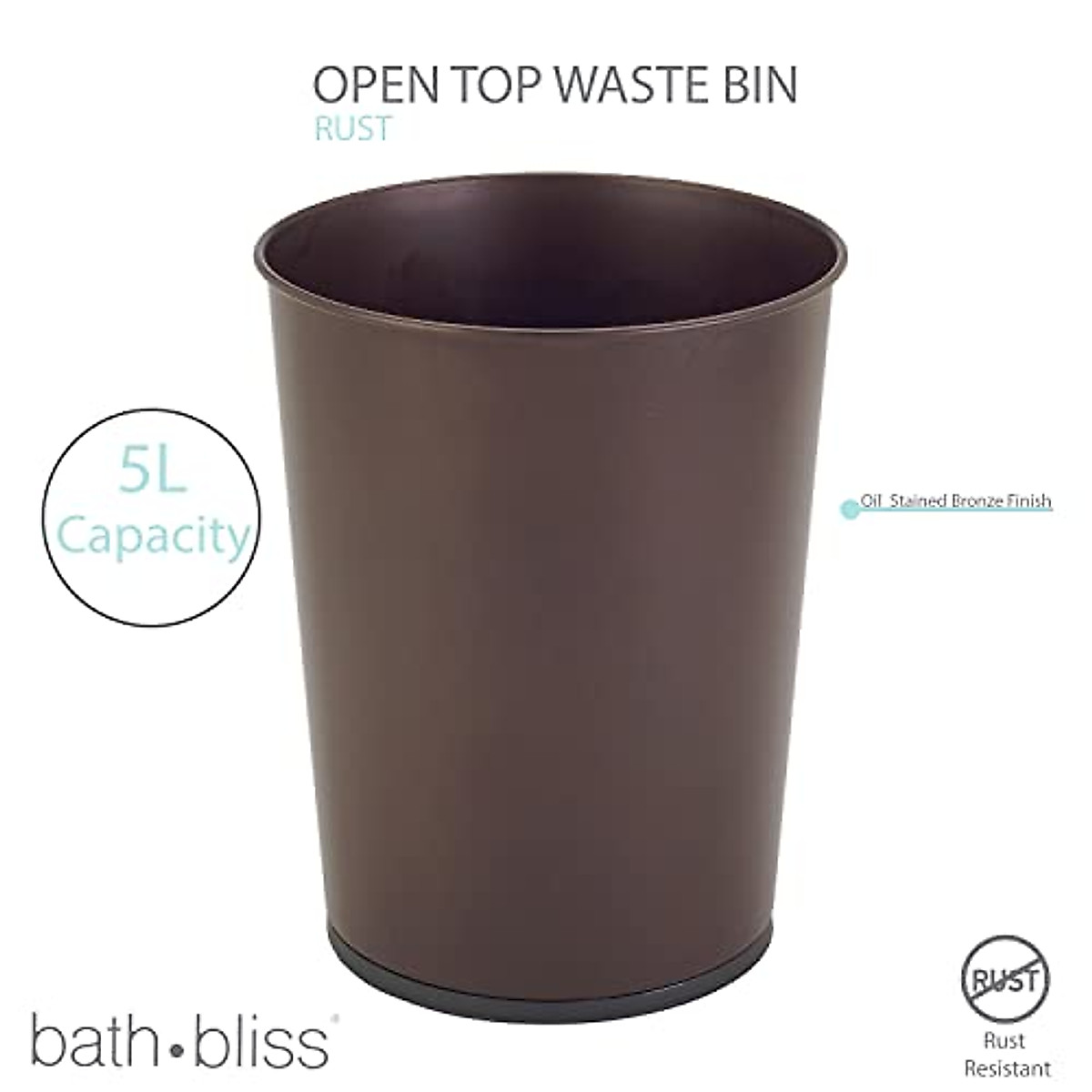 Bath Bliss 5 Liter Small Wastebasket | Round Open Top | Trash Can | Bathroom | Bedroom | Kitchen | Office | Dorm | Disposal Waste Bin | Garbage | Oil Rubbed Bronze