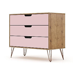 Manhattan Comfort Rockefeller Mid-Century Modern 3-Drawer Bedroom Dresser, Natural, Rose Pink Finish