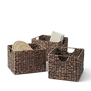 Artera Wicker Cube Storage Baskets - Set of 3, Woven Shelf Basket for Organizing, Natural Storage Bins with Handles for Pantry Living Room, Under Shelf Basket, 13" x 11" x 9" (Dark Brown)
