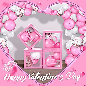 56 Pieces Valentine's Day Transparent Love Box Decorations with Balloon LED Light Letters for Valentine's Day, Wedding Party, Bridal Shower, Birthday Party Reveal Backdrop (Pink)