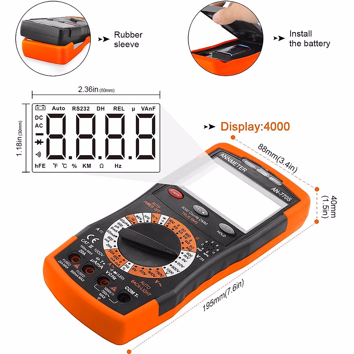 ANNMETER Digital Multimeter, AUTO-Ranging 6000 Counts TRMS DC&AC Vlotmeter Ohm Amp Resistance Capacitor Meter, Measures Frequency Duty Cycle Temp Transistor hEF AN-770S