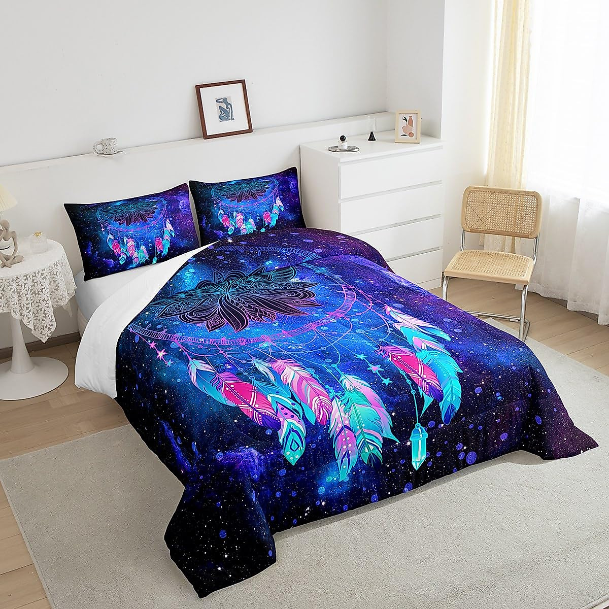 Castle Fairy Dream Catcher Comforter Set,Moon Star Galaxy Starry Sky Bedding Set Kids Teens Modern Decor,Bohemian Lotus Comforter with 1 Pillowcase for All Seasons,Twin