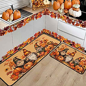 Fall Gnome Pumpkin Decorative Kitchen Rugs and Mats Set of 2, Fall Thanksgiving Gnome Sunflower Maple Leaves Seasonal Decorative Kitchen Mat 17"x47"+17"x30"