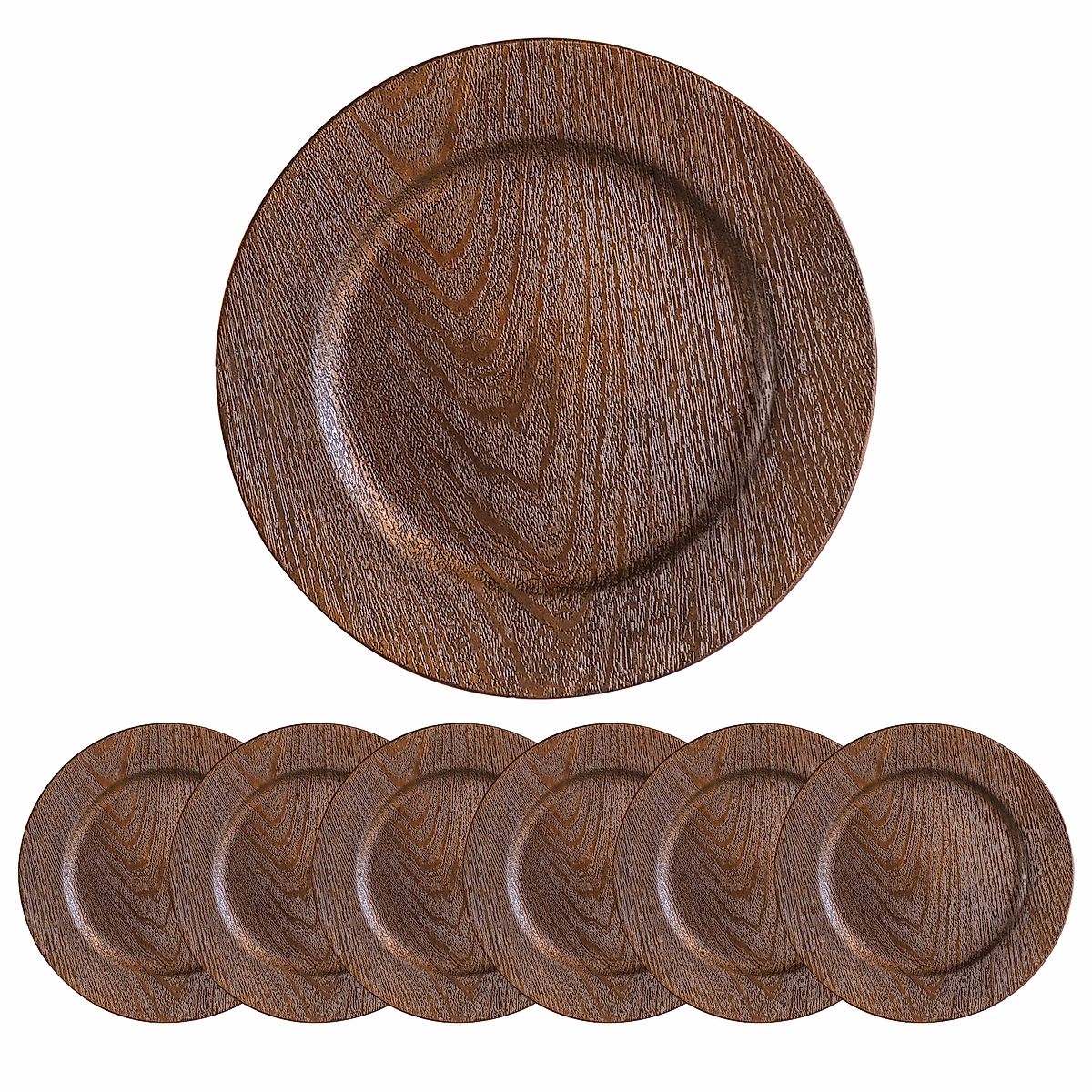 JRHCGH 13" Round Faux Wooden Charger Plate,Flexible Antique Plastic Plate Bulk Wedding,Charger & Service For Dinner Plates,Elegant Decor Place Set Of 6 (3312-03C)