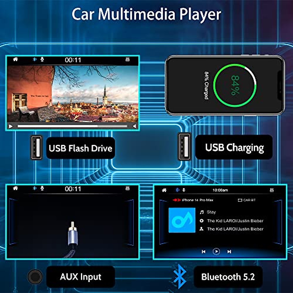 Double Din Car Stereo Compatible with Voice Control Apple Carplay&Android Auto-7 Inch HD LCD Touchscreen Monitor,Mirror Link,Subwoofer,Backup Camera,Bluetooth,AM/FM Car Radio,USB/TF/AUX Port,SWC,Gifts