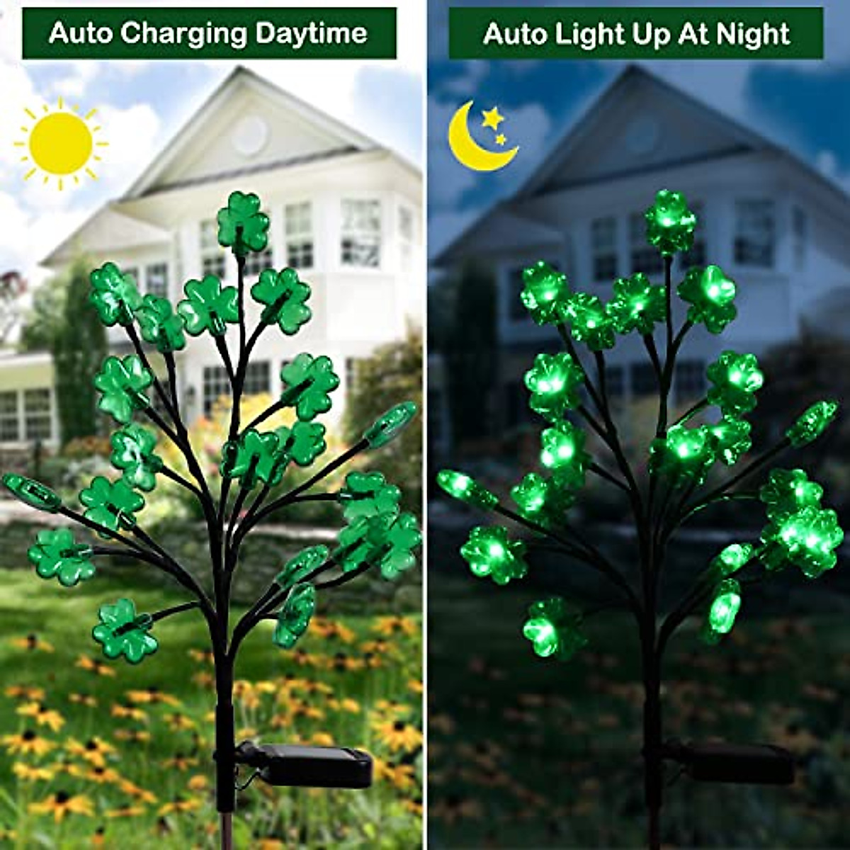 2 Packs Solar St Patricks Day Decorations Shamrock Stake Lights, Waterproof Outdoor St Patricks Day Lights, Lucky Green St Patricks Day Decor Shamrock Lights for Yard Garden Pathway Irish Decorations