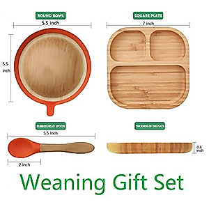 Baby Toddler Stay Put Dish, Kids Suction Plate & Bowl, Bamboo Cute Dinnerware (Grey Set)