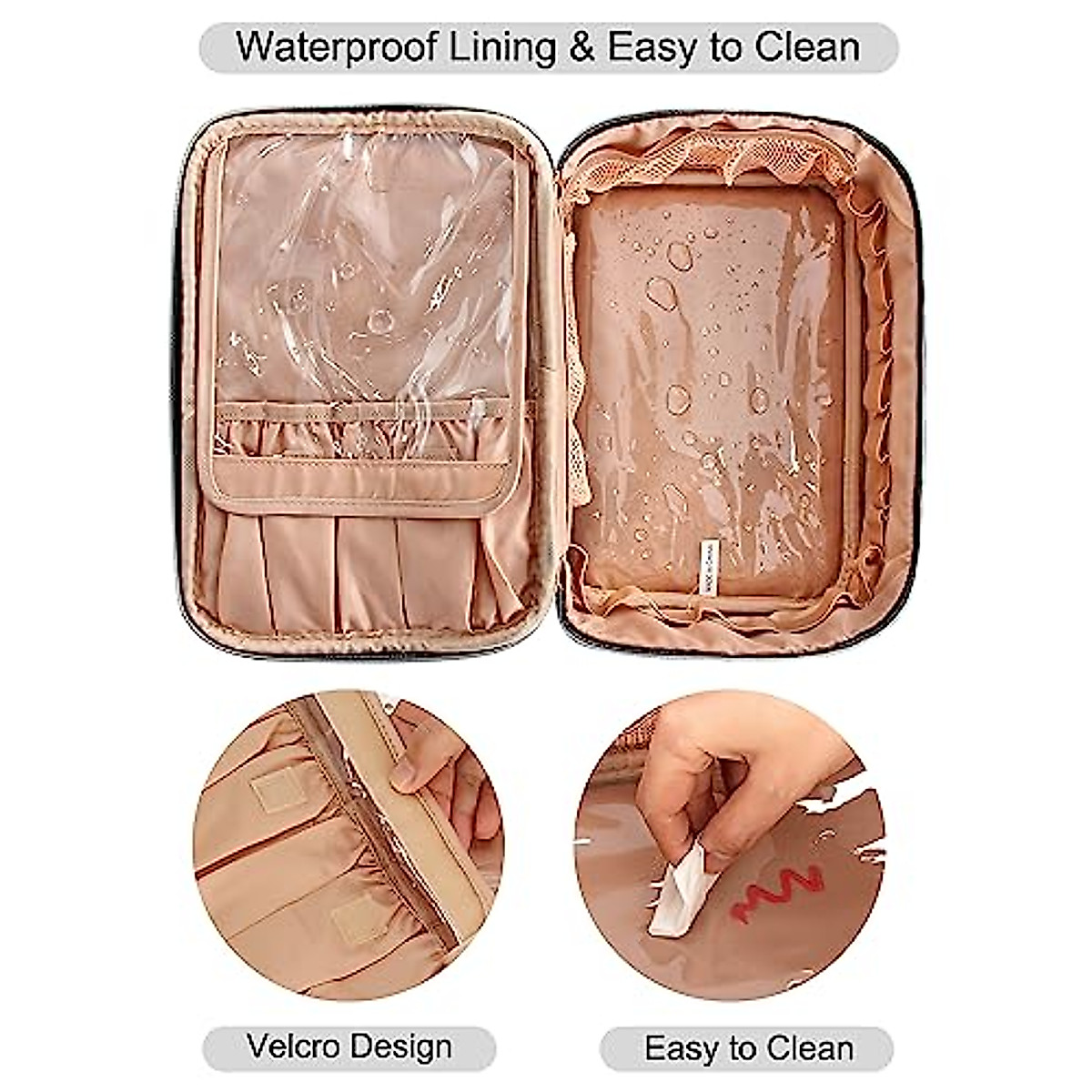 Relavel Travel Makeup Bag, Large Cosmetic Organizer Case Travel Toiletry Storage Train Case for Women and Girls, with Brush Compartment and Easy to Clean Lining, Black