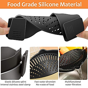 YEVIOR Clip on Strainer for Pots Pan Pasta Strainer, Silicone Food Strainer Hands-Free Pan Strainer, Clip-on Kitchen Food Strainer for Spaghetti, Pasta, Ground Beef Fits All Bowls and Pots - Black