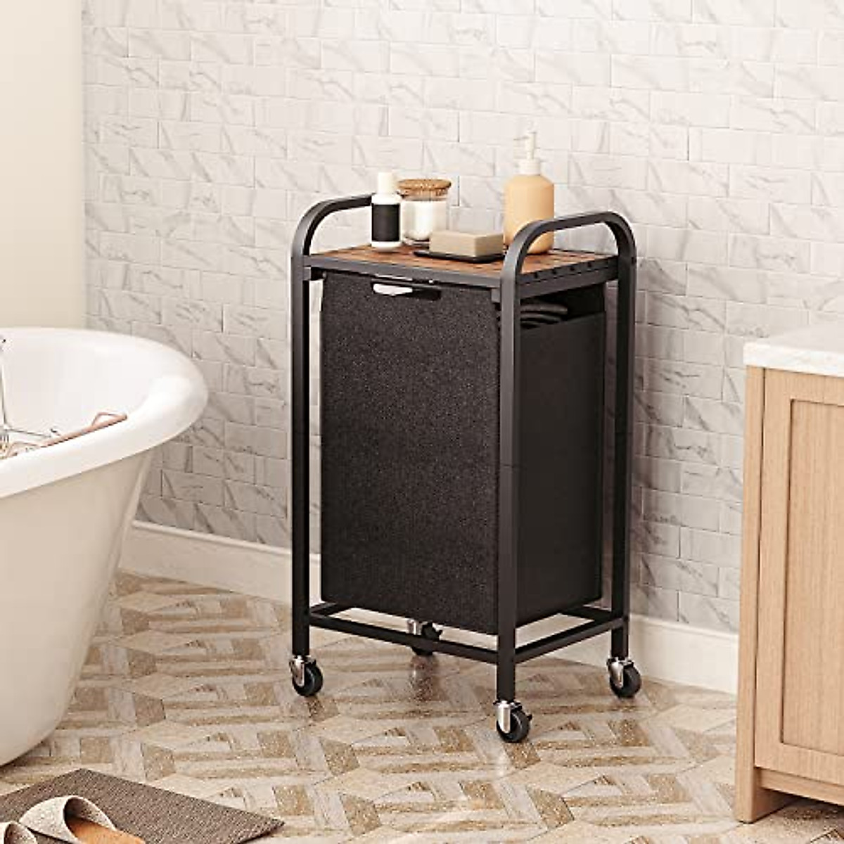 ALOFA Laundry Basket, Laundry Hamper with Shelf, 48L Laundry Room Organization, Pull Out and Removable Laundry Bag, Metal Frame Made Laundry Sorter Wheels and Adjustable Feets Black