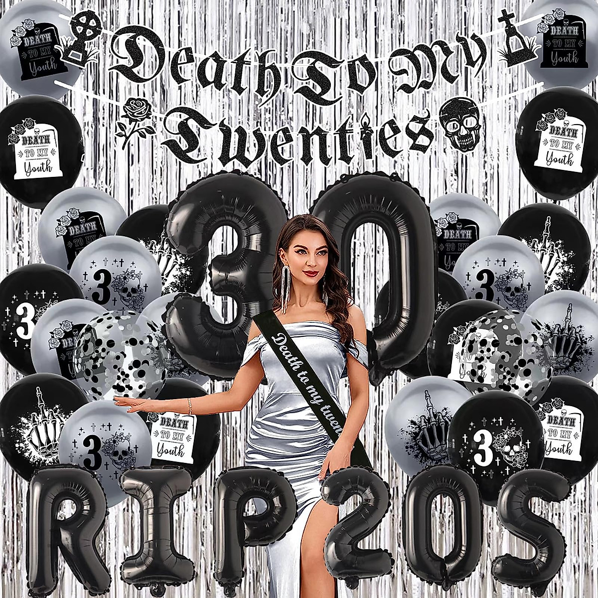 30th Birthday Decorations Set Rip to My 20s Birthday Decorations Death to My 20s Balloons Banner Fringe Foil Curtains Dearth to My Twenties Sash for My Funny Thirtieth Birthday Party