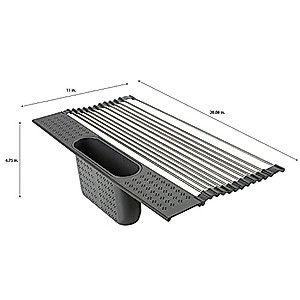 Kitchen Details Over The Sink Drying Rack with Utensil Holder | Roll Up for Storage | Stainless Steel | Drain Tray | BPA Free | Food Safe | Space Saving | Grey