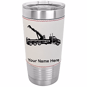 LaserGram 20oz Vacuum Insulated Tumbler Mug, Tow Truck Wrecker, Personalized Engraving Included (Faux Leather, Baseball Style)