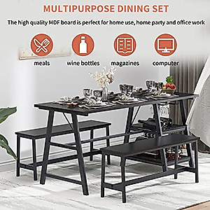 SogesHome 55’’ Kitchen Table Sets, 3-Piece Dining Room Table and Benches for 4, Breakfast Lunch Table with Wine Rack and Glass Holder for Kitchen, Living-Room, Small Space, Black