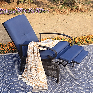 MFSTUDIO Patio Recliner Chair Metal Adjustable Back 2 Pieces Outdoor Lounge Chair with 100% Olefin Cushion (Navy Blue)