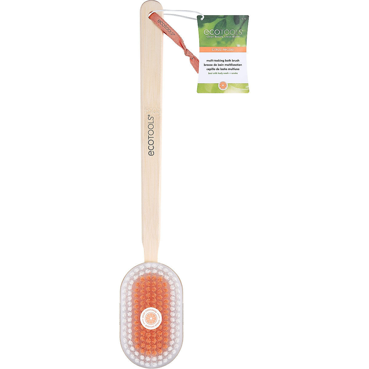 EcoTools Multi-Tasking Bath Brush, Citrus Infused Shower Brush, Long Ergonomic Handle & Soft Bristles, Back Scrubber, Gentle Exfoliating Bath Brush, Cleanses Hard To Reach Areas, Cruelty-Free, 1 Count