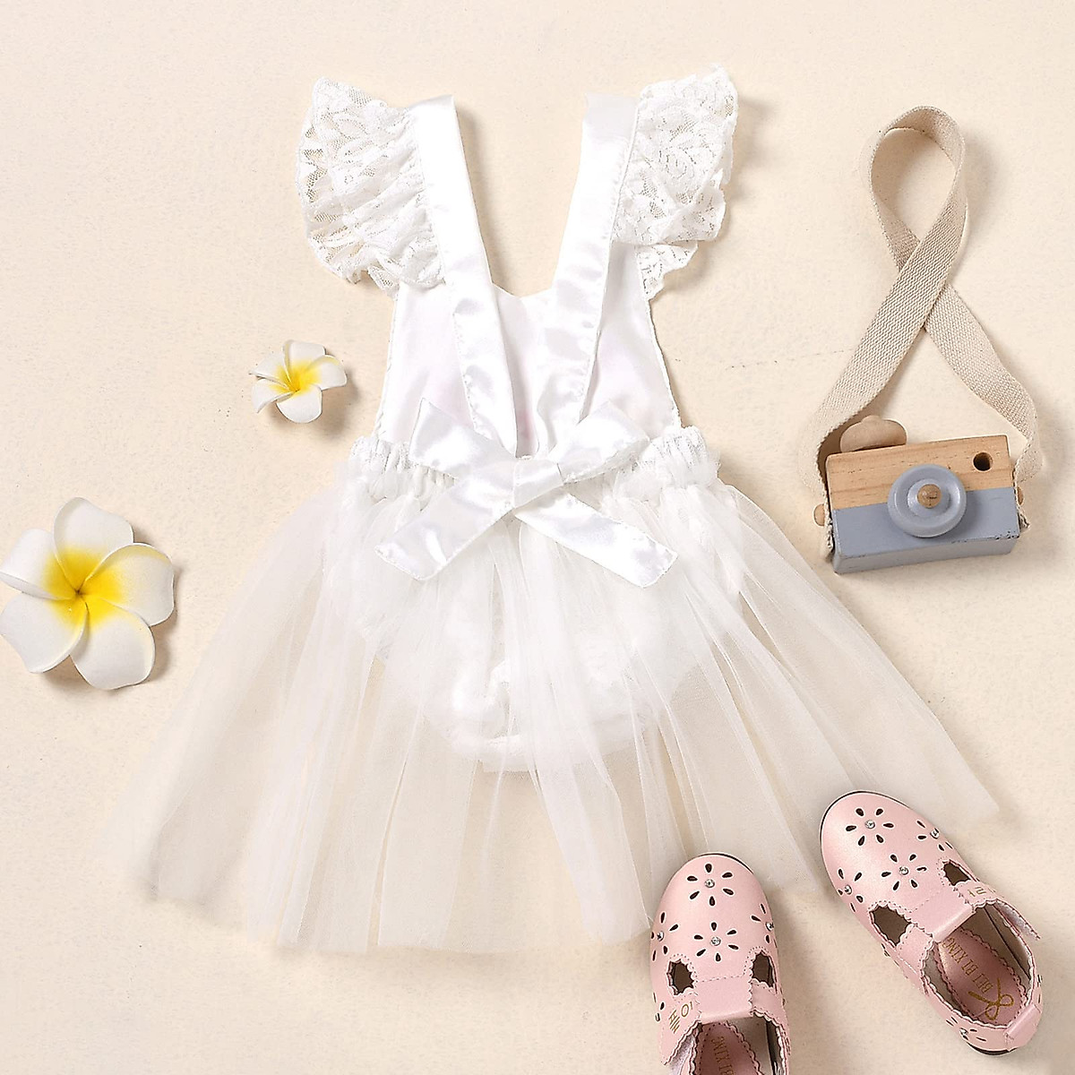 Baby Girl's 1st First Birthday Cake Smash Outfit Flutter Short Sleeve Lace Romper Tutu Tulle Dress Bodysuit with Crown Headband 2pcs Clothes Set One Year Old Party Photo Shooting Props White 9-12M
