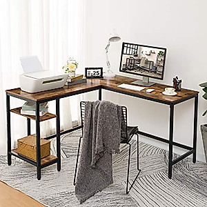 HOOBRO L-Shaped Computer Desk, Industrial Corner Writing Desk with Adjustable Shelves, Study Workstation for Home Office, Easy Assembly, Stable and Space-Saving, Rustic Brown and Black BF35DN01