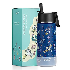 Mollcity 16 oz Stainless Steel Vacuum Insulated Water Bottle with Straw Lid-Reusable Metal Water Flask for School, Boys | Girls-Space