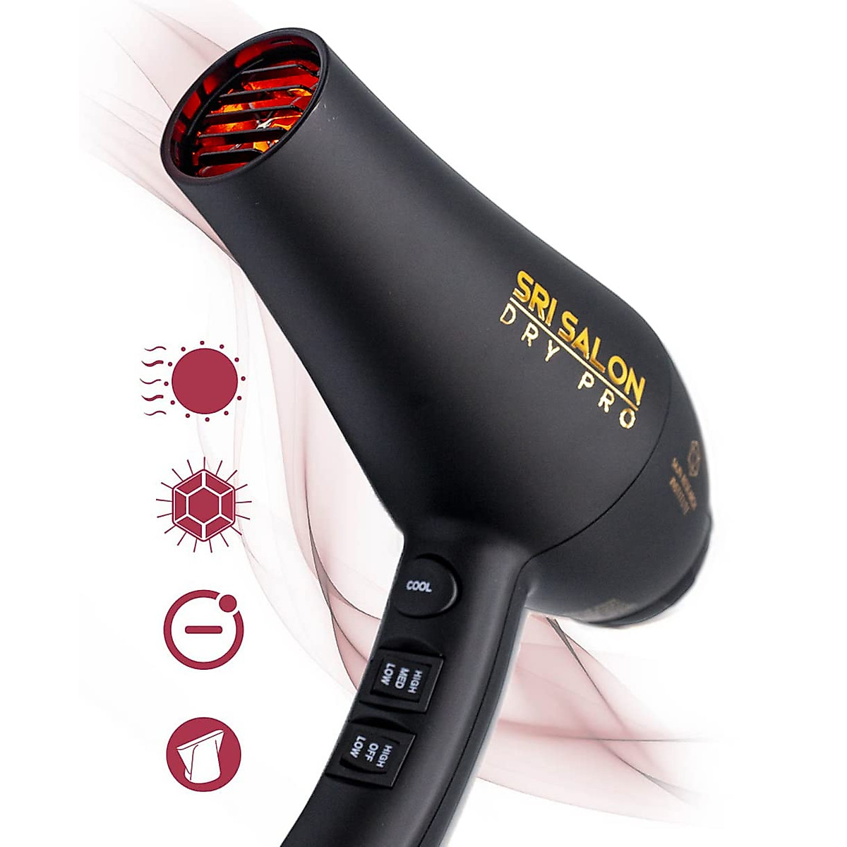 SRI Salon Dry Pro, Infrared Light Blow Dryer with Salon Results, Negative Ions for Reduced Frizz, Fast-Drying & Max Shine, 1875W, Free Attachments - Concentrator, Diffuser, & Comb