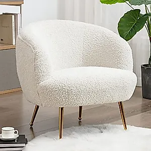 LukeAlon Faux Fur Single Sofa Chair, Upholstered Round Back Living Room Chair Comfy Accent Chair with Gold Metal Legs Leisure Armchair Modern Barrel Chair for Bedroom Reading Room, Creamy White