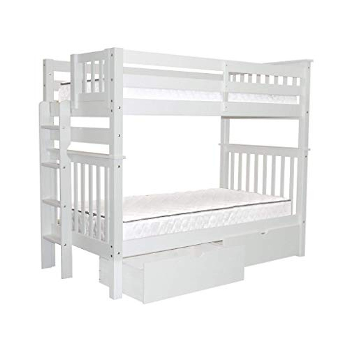 Bedz King Tall Bunk Beds Twin over Twin Mission Style with End Ladder and 2 Under Bed Drawers, White
