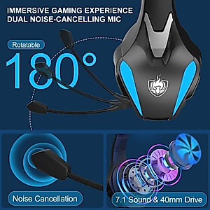 PHOINIKAS 2.4G Wireless Gaming Headset for PS4 PS5 PC Nintendo Switch, Wireless Over Ear Gamer Headphones with Detachable Mic, 3.5mm Wired Gaming Headset for Xbox One/Phone, 7.1 Stereo Sound - Blue