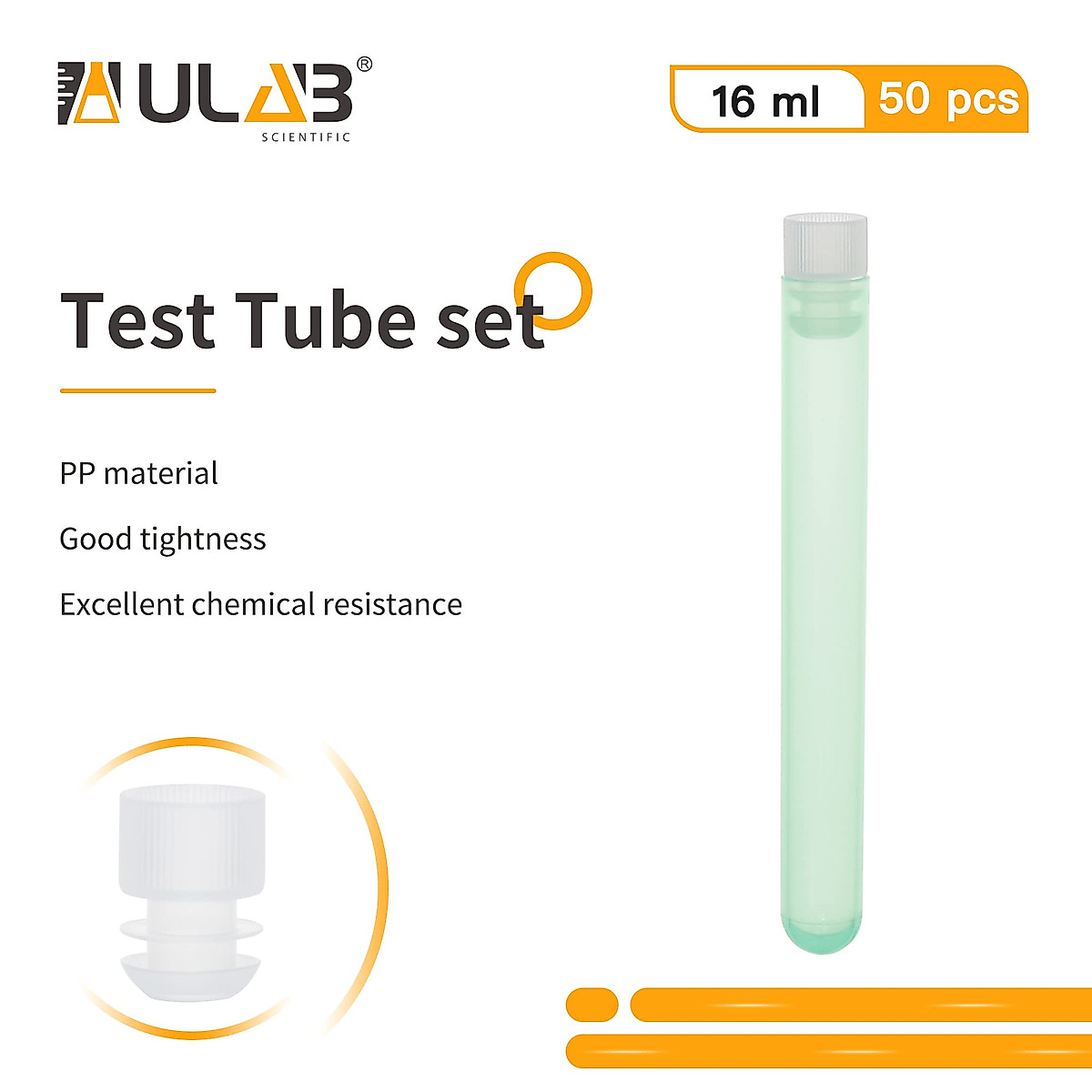 ULAB Plastic Test Tubes with Flange Stoppers, 50pcs of Dia.16x125mm Macaroon Party Tubes Shot Glasses, Green Color, 50pcs PE Flange Stoppers, Dia.16mm, Nature Color, UTT1017
