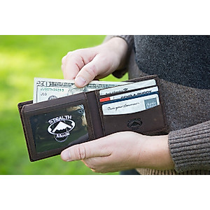 Stealth Mode Brown Leather Bifold Wallet for Men With ID Window and RFID Blocking, One Size