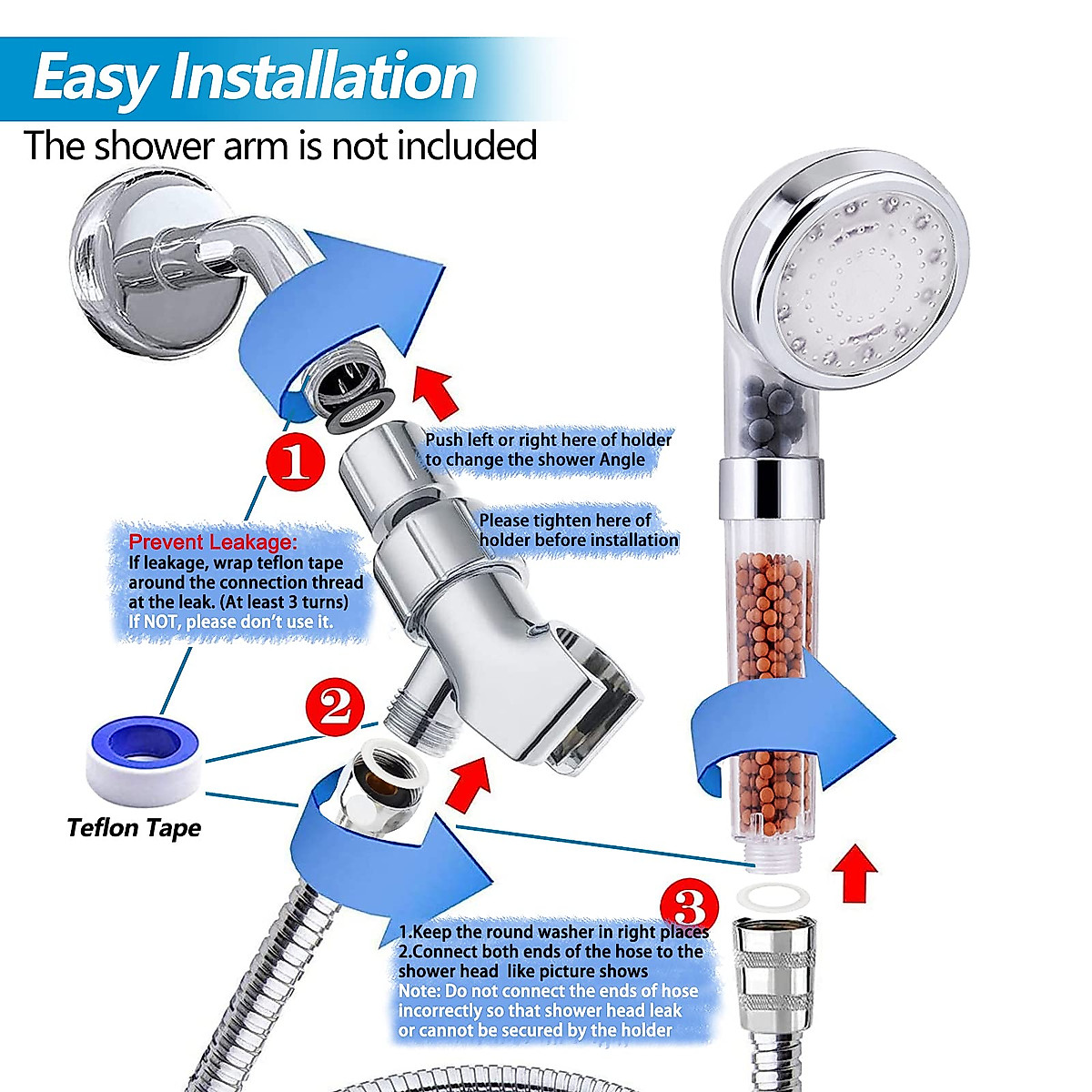 FASTRAS LED Shower Head with Handheld, Shower Head High Pressure Shower Head with Hose, Holder & PTFE Tape etc, 3 Water Temperature-Controlled Water Saving Filtered Shower Head for Dry Skin& Hair…