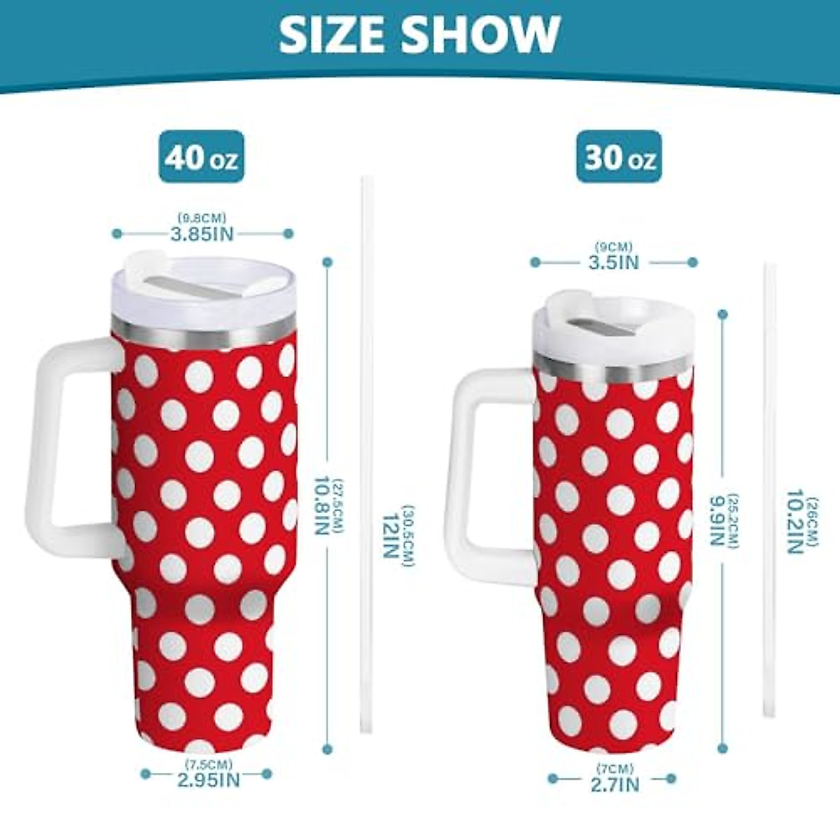 MCHIVER Red Polka Dots Tumbler with Lid and Straw 40 oz Insulated Water Bottle Leakproof Travel Mug Cup for Coffee Water Tea