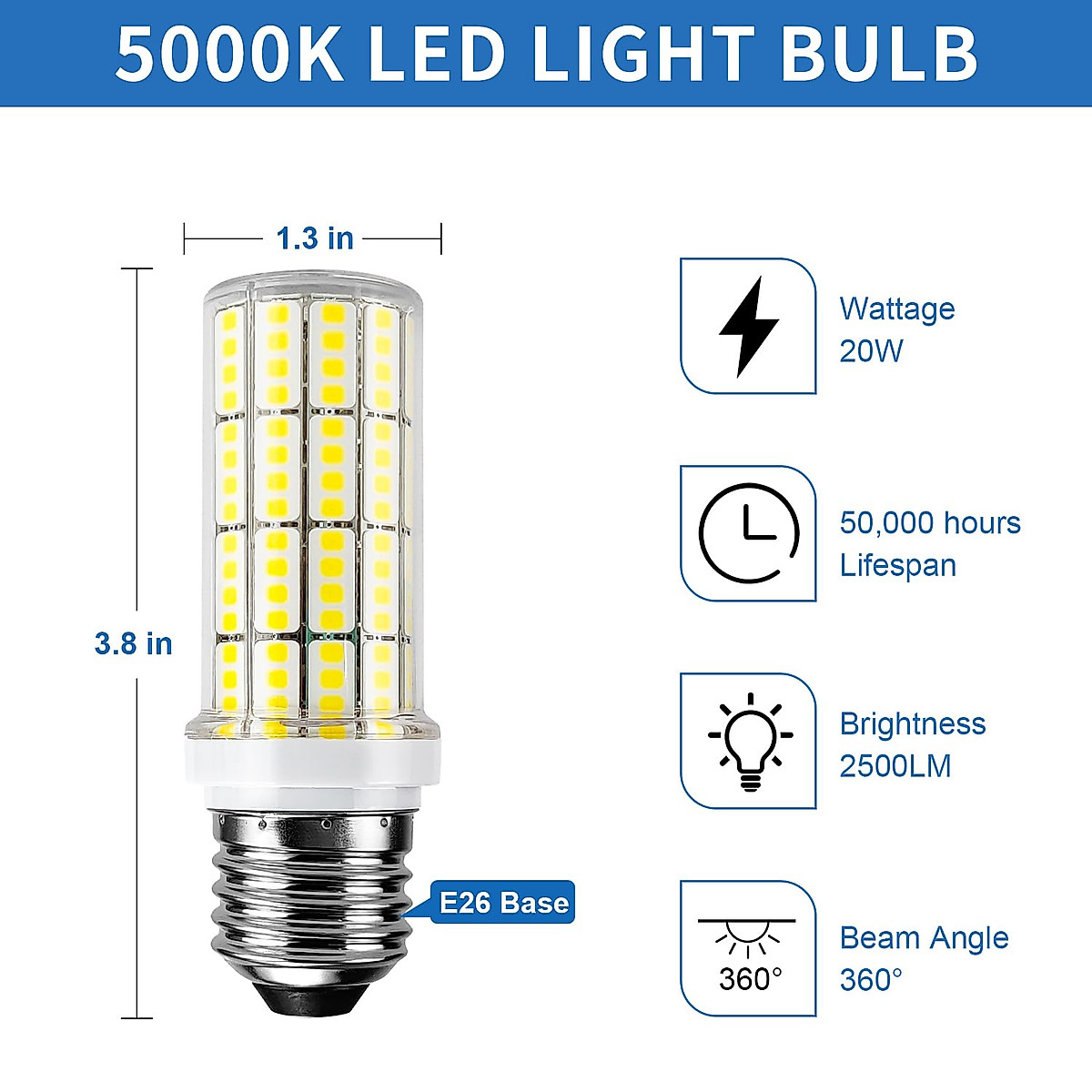 RIUVAO LED Corn Light Bulb 200w Equivalent 2500 Lumen 5000K Cool Daylight White 20W E26/E27 Base Ceiling Fan Led Light Bulb for Home Garage Warehouse Indoor Outdoor Led Corn Bulb Pack of 4