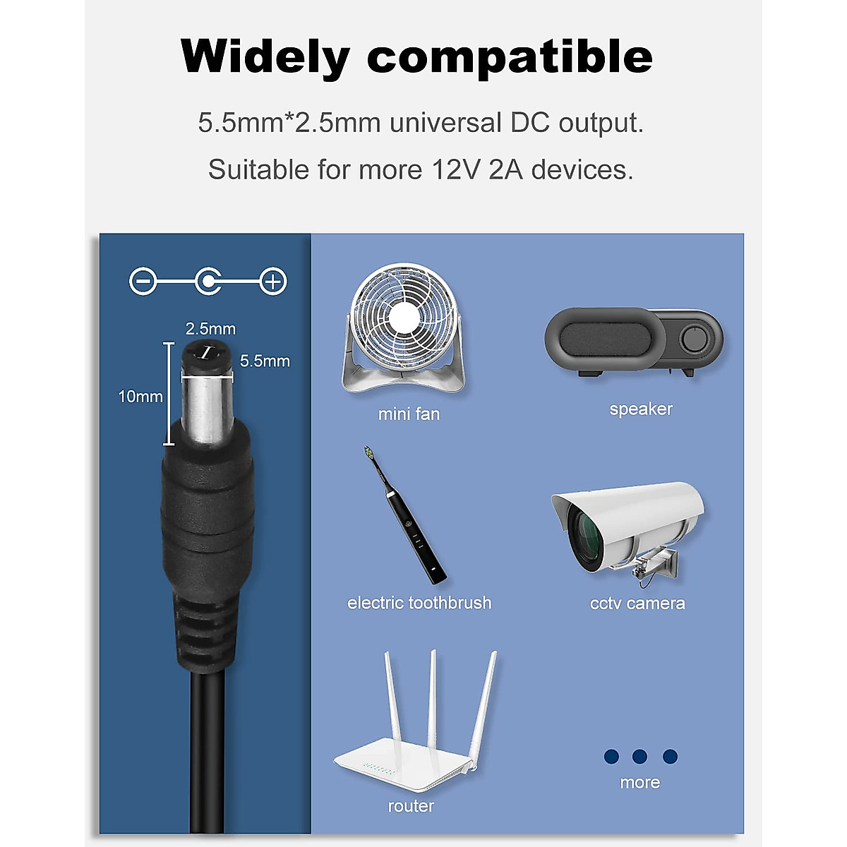 12V 2A DC Power Supply Adapter 12 Volt AC Adapter 100-240V 50-60Hz to DC 12V 2A Power Adapter Cord, 12V DC Power Supply 2A Adapter with 5.5mmx2.5mm DC Barrel & 1 Tip