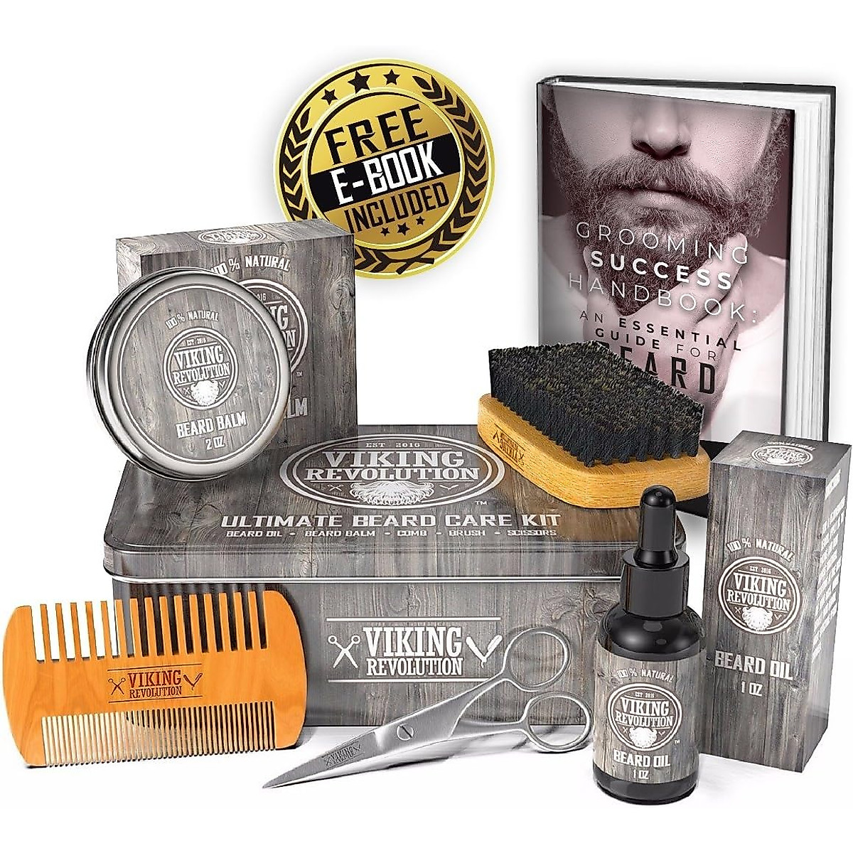 Viking Revolution Beard Care Kit for Men - Ultimate Beard Grooming Kit includes 100% Boar Men’s Beard Brush, Wooden Beard Comb, Beard Balm, Beard Oil, Beard & Mustache Scissors in a Metal Box