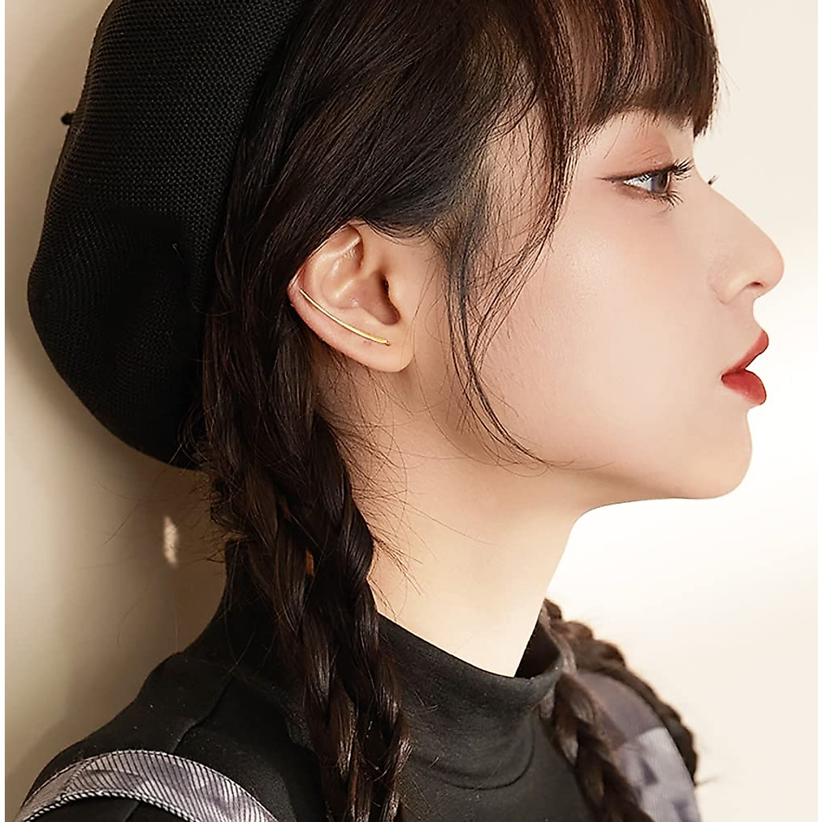 Reffeer Solid 925 Sterling Silver Bar Ear Climber Earrings Cuffs for Women Girls Curved Bar Wrap Earrings Minimalist (B-Gold)