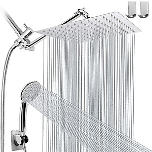Shower Head Combo with 11'' Extension Arm，High Pressure Rain Shower Head with Handheld Shower Spray and Holder/ 1.5M Hose，Dual Rainfall Showerhead Set，Chrome (10 Inch)