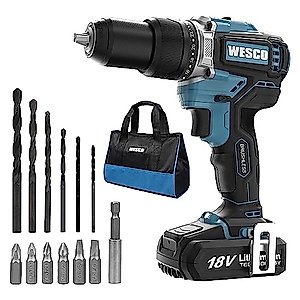WESCO 20V Cordless Hammer Drill with Safety Clutch, Power Brushless Drill Driver Set with 13 Pcs Drill Bits, 2-Mode Variable Speed Rotary Hammer with Carrying Bag Use for Concrete, Metal, and Stone
