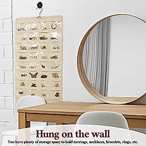 4 Pcs Hanging Jewelry Organizer with 80 Pockets Earring Storage Organizer Dual Sided Earring Holder Organizer Necklace Hanger Closet for Bracelet, Necklace, Ring, Knitting Tool, Accessories, Beige